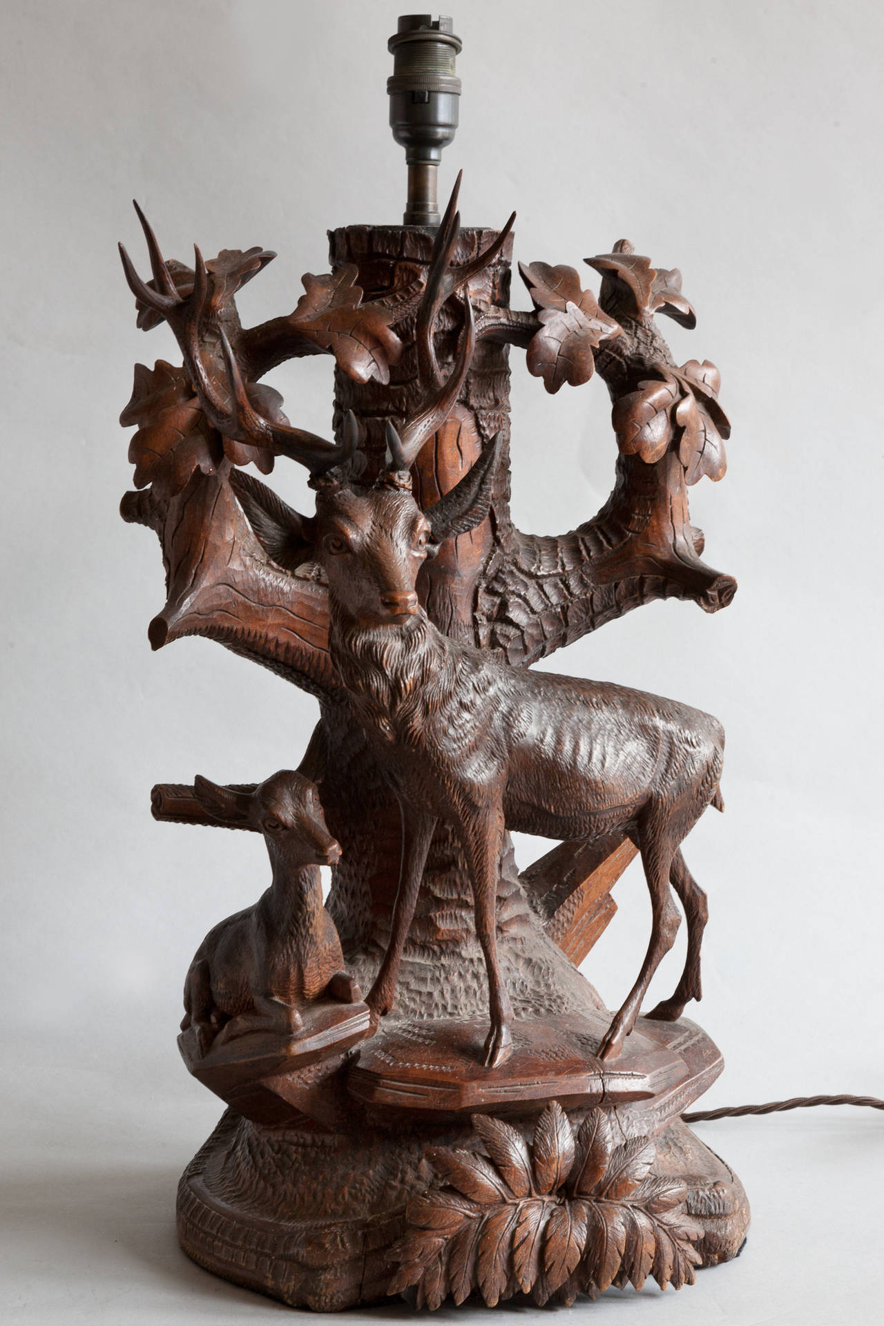 19th Century Black Forest Table Lamp with Carved Doe and Fawn at 1stDibs