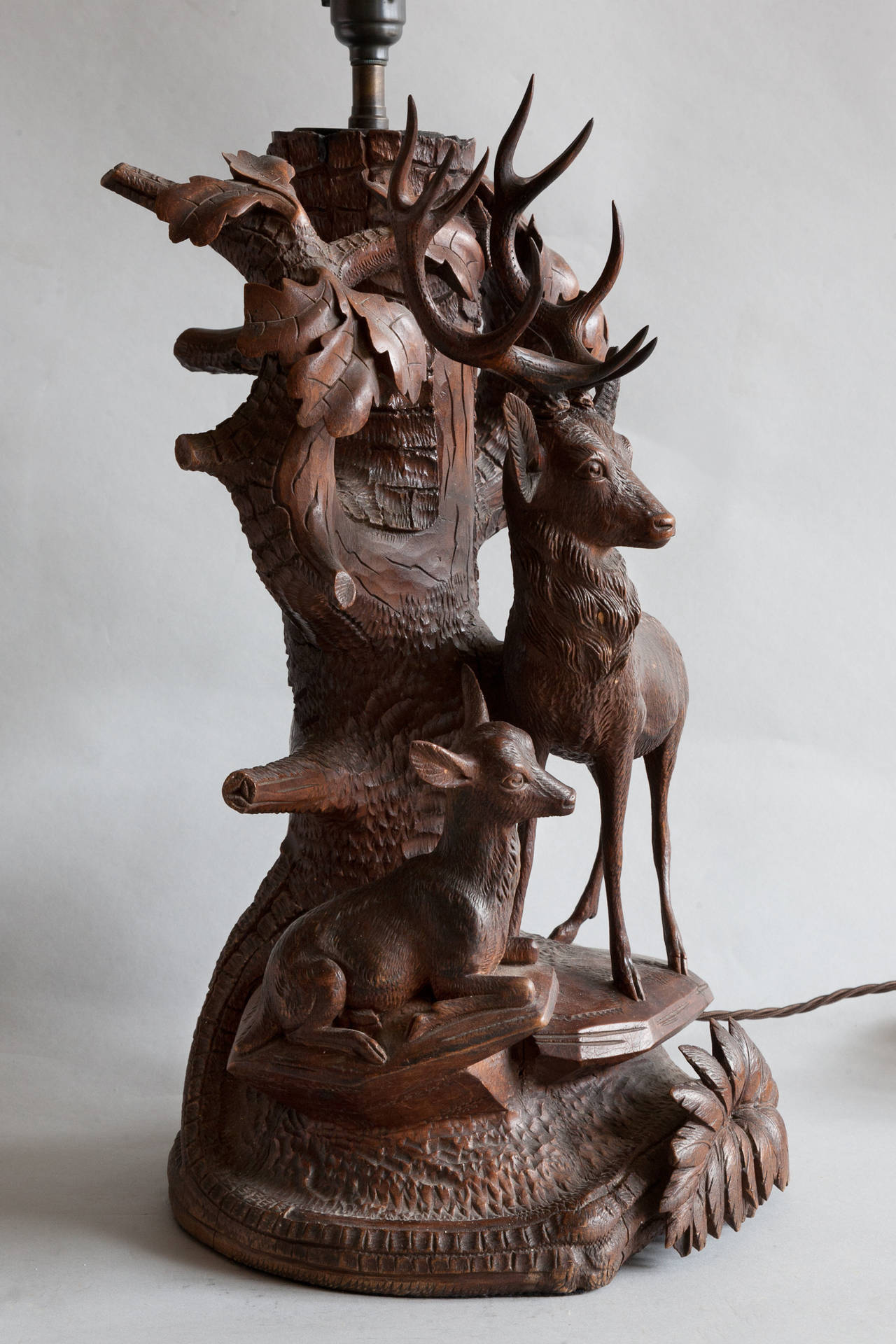 19th Century Black Forest Table Lamp with Carved Doe and Fawn at 1stDibs