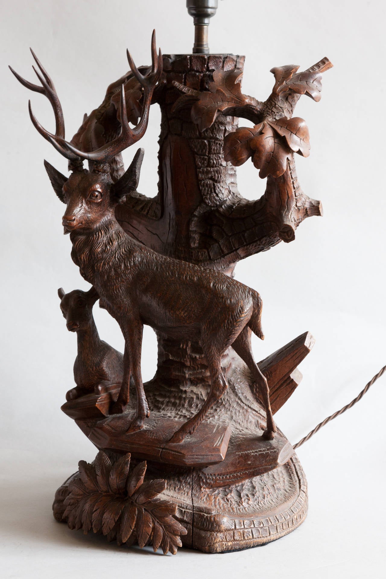 19th Century Black Forest Table Lamp with Carved Doe and Fawn at 1stDibs