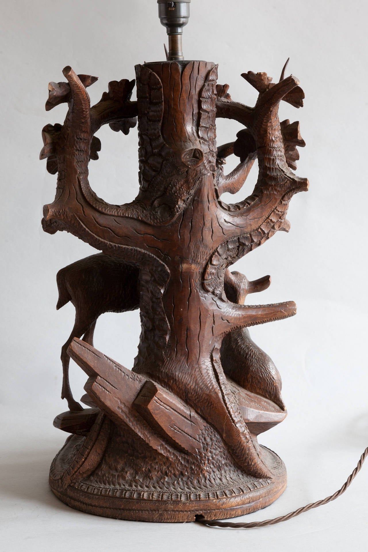 19th Century Black Forest Table Lamp with Carved Doe and Fawn at 1stDibs