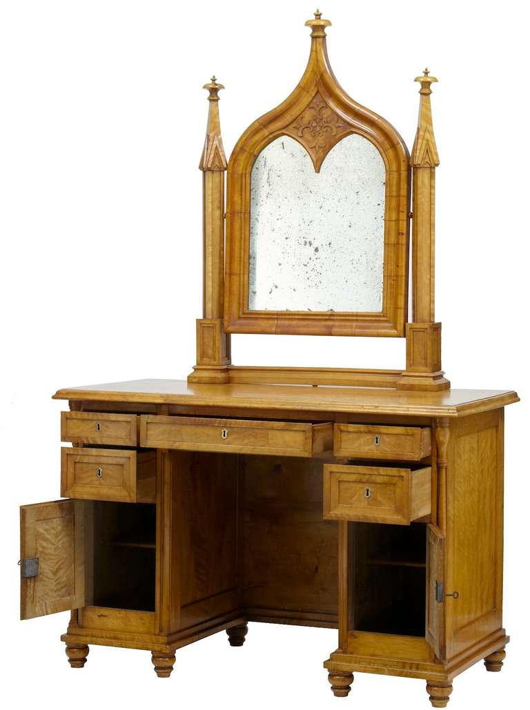 19th Century Swedish Birch Gothic Vanity Dressing Table and Mirror at ...