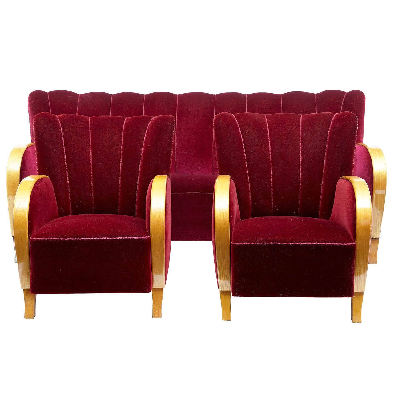 1960s Retro Modern Shell Back, Three-Piece Suite of Sofa and Chairs at ...