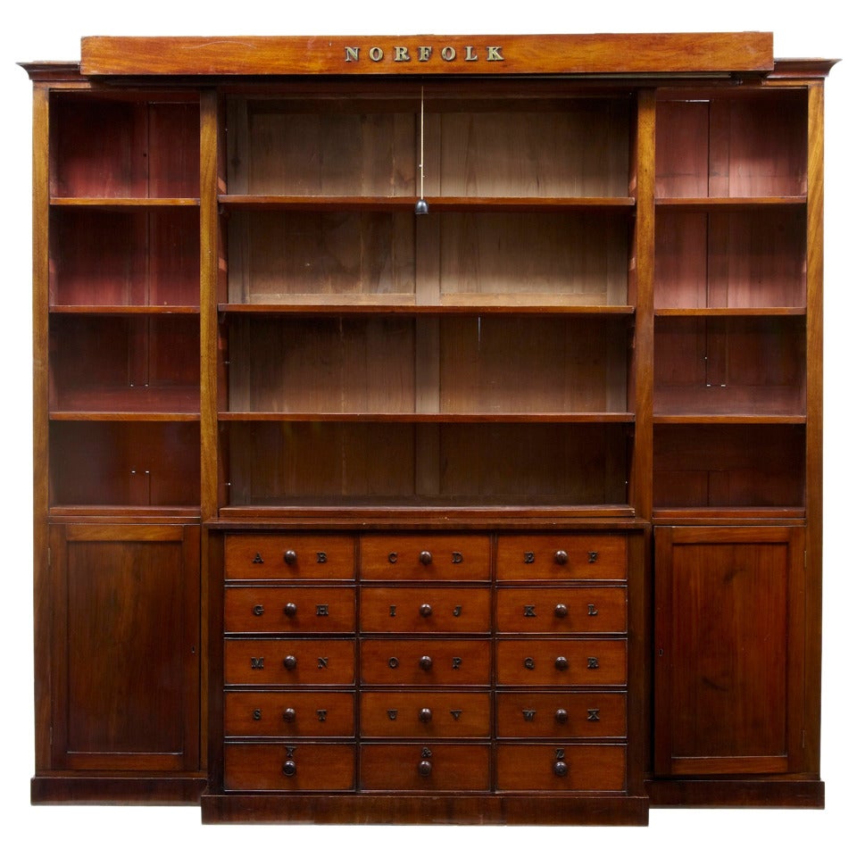 Rare 19th Century Mahogany Breakfront Bookcase with Norfolk Map at 1stDibs