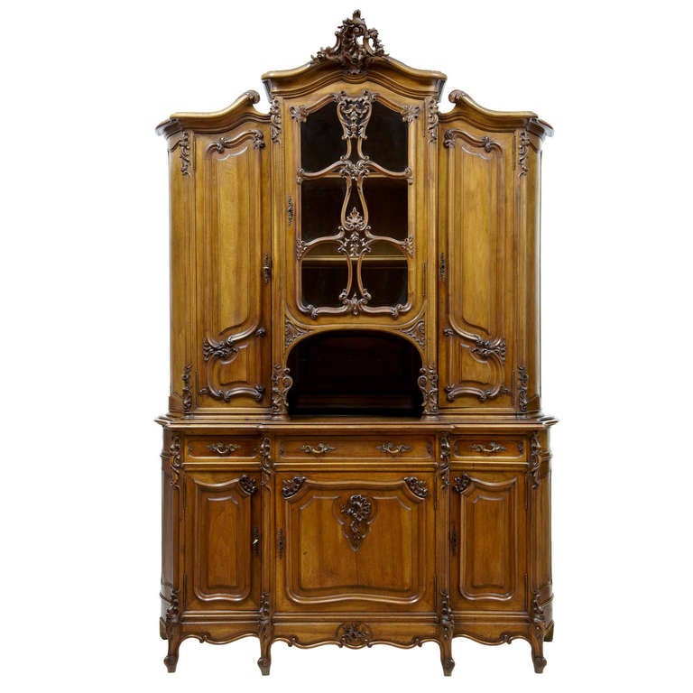 19th Century French Walnut Rococo Grand Buffet De Corps Vitrine at 1stDibs
