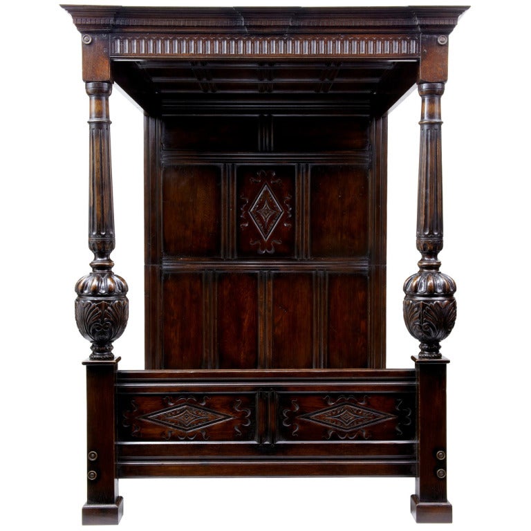 16th Century Influenced English Hand Carved Oak Four Poster Bed at 1stDibs