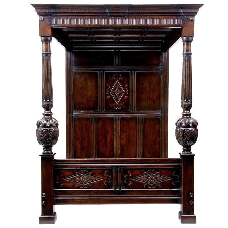 16th Century Influenced English Hand Carved Oak Four Poster Bed at ...