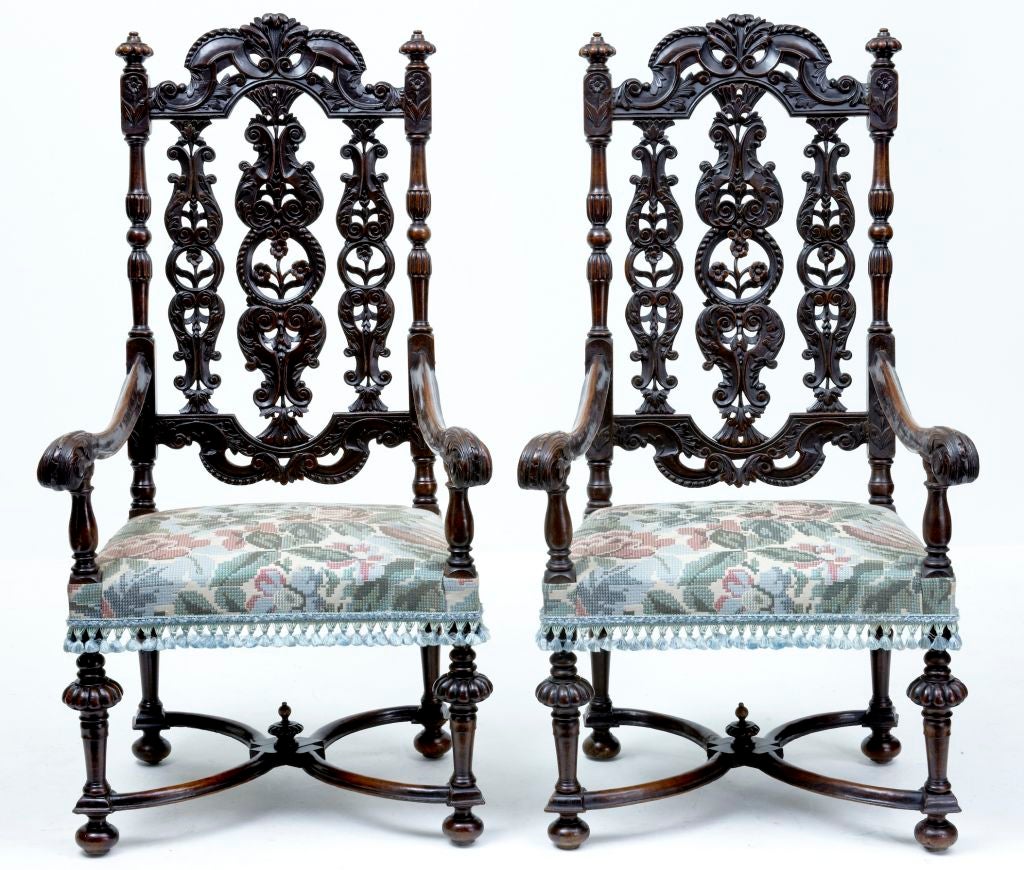 19th Century Set Of 4 Antique Carolean Carved Walnut Chairs at 1stDibs