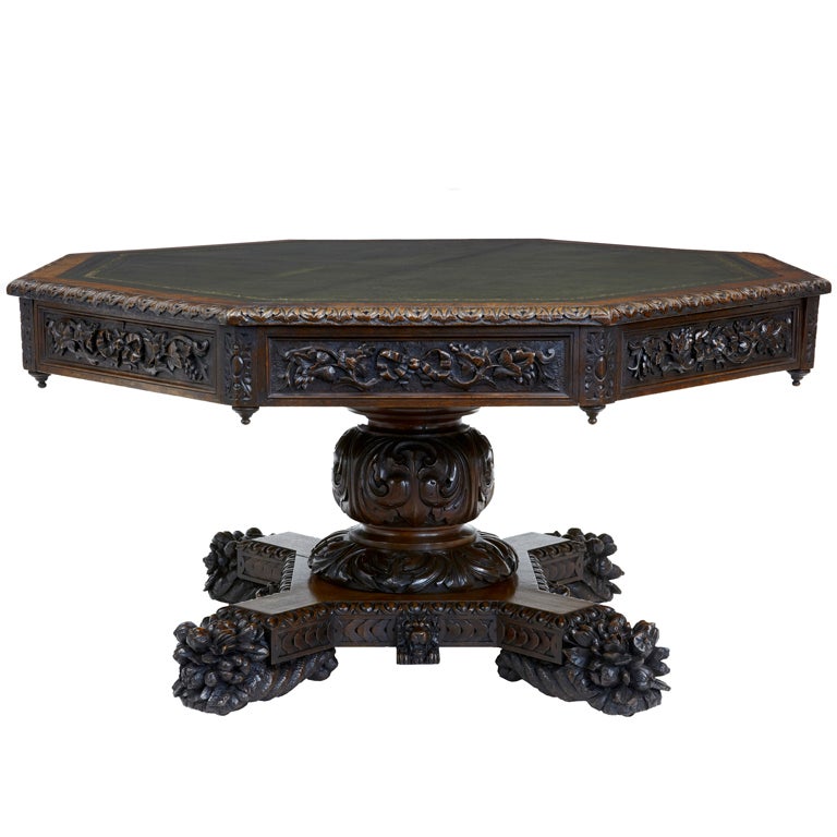19th Century Antique Profusely Carved Oak Hexagonal Center Table at 1stDibs