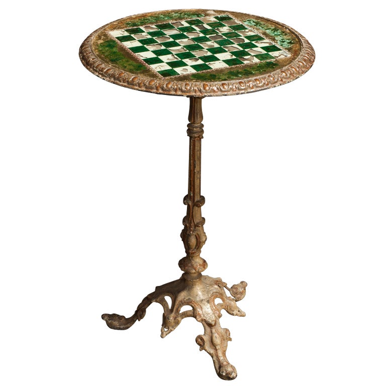 Bistro Table with Checkerboard Inlay and Glass Top at 1stDibs