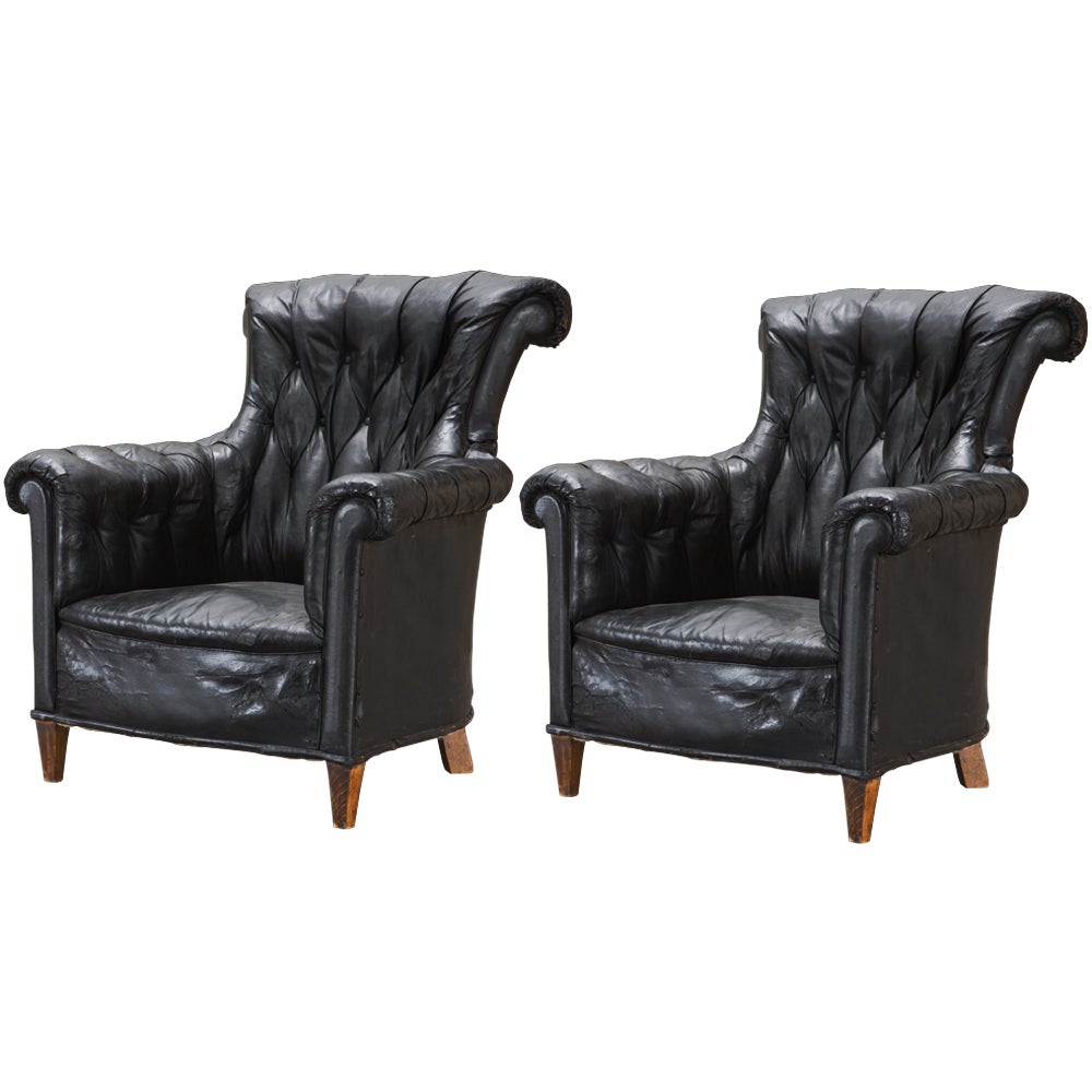 English Black Leather Wingback Chairs at 1stDibs