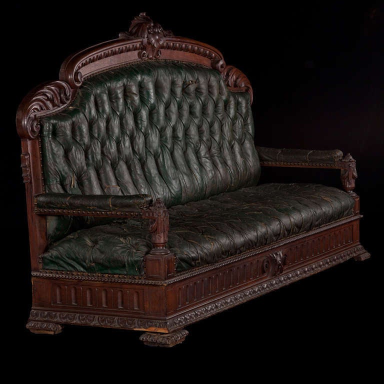 Monumental Carved Oak / Leather Sofa at 1stDibs