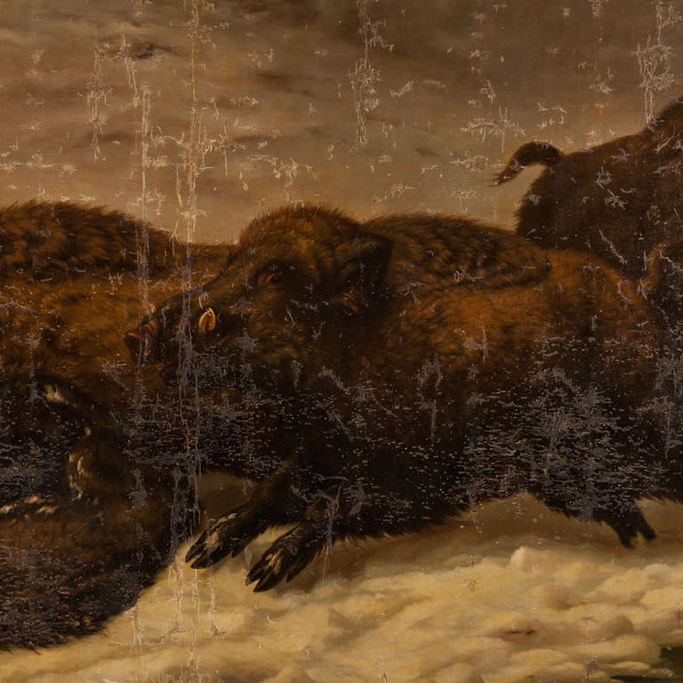 Giant Oil Painting of Wild Boar Hunting at 1stDibs