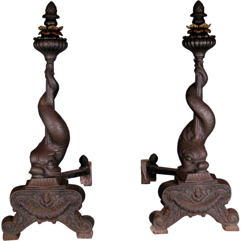 Antique Cast Iron Dolphin Andirons at 1stDibs