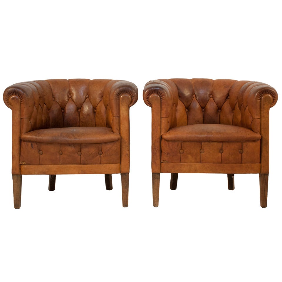 Pair of Tufted Leather Club Chairs at 1stDibs