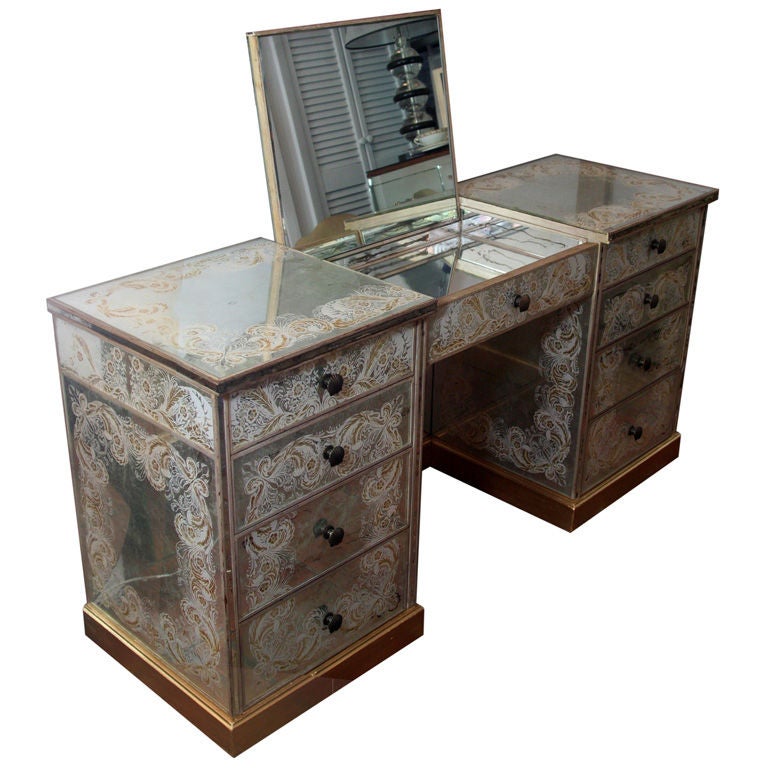 French eglomise 8 draw silver and gold leaf poudre/desk at 1stDibs
