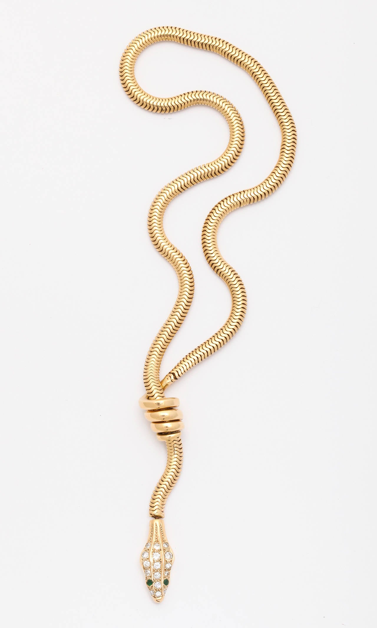 Gold Snake Necklace with Diamond and Emerald Encrusted Head For Sale at ...