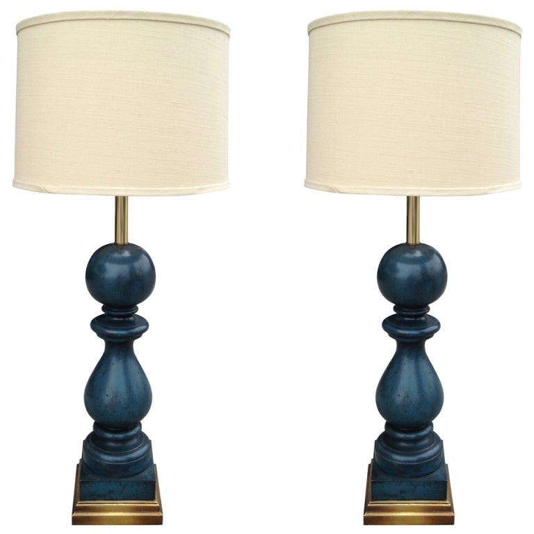 Pair of Monumental Blue Wooden Lamps with Gold Gilded Bases at 1stDibs