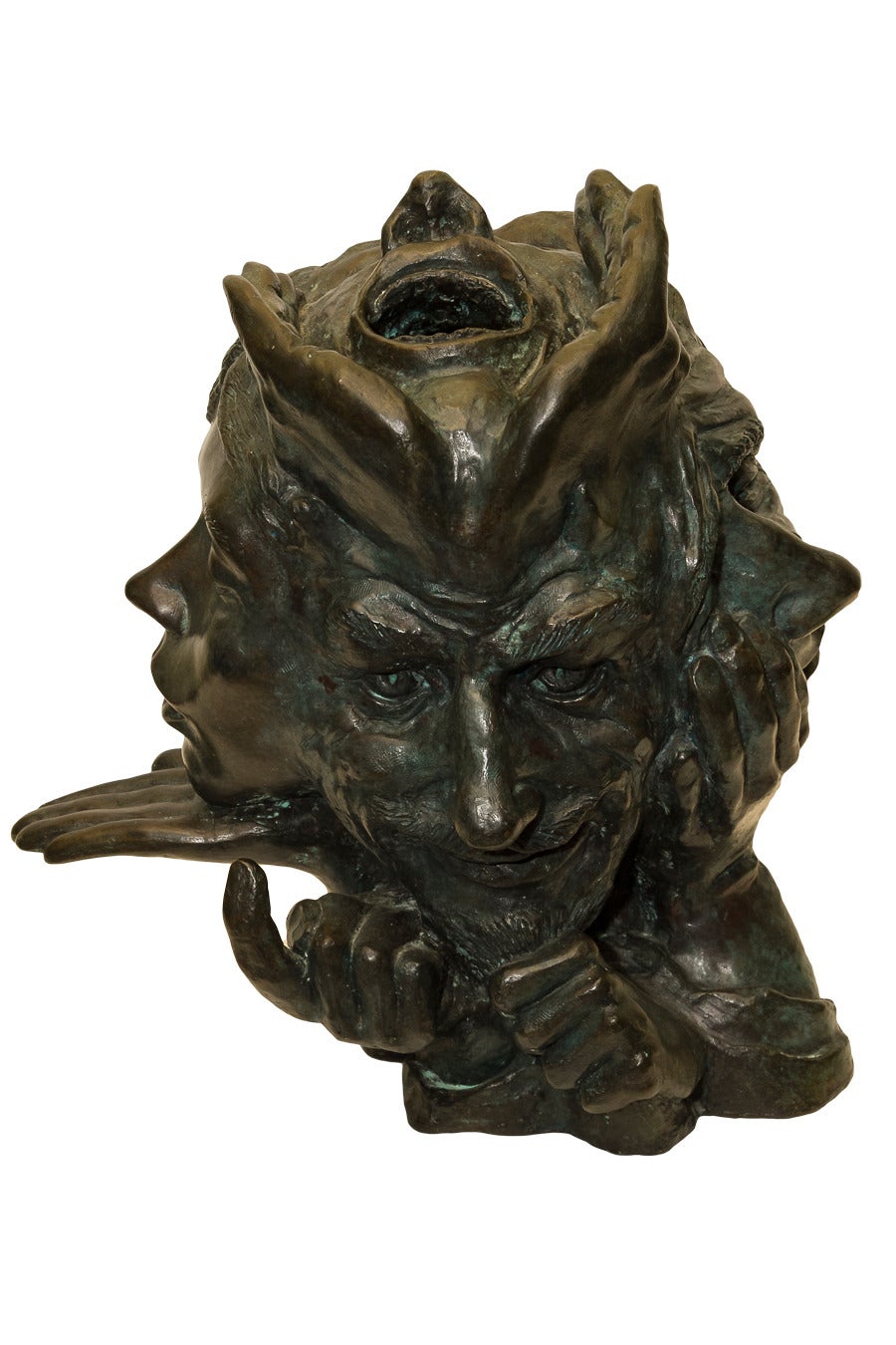 Unusual Patinated Bronze Figural Sculpture Depicting Various Facial ...