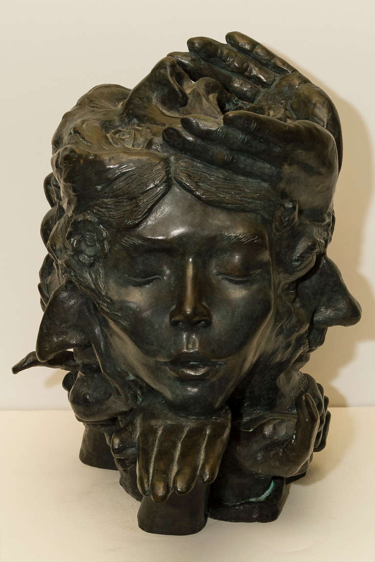 Unusual Patinated Bronze Figural Sculpture Depicting Various Facial ...