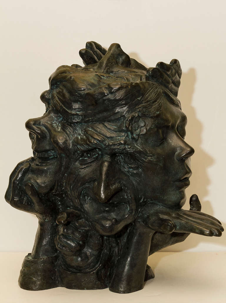 Unusual Patinated Bronze Figural Sculpture Depicting Various Facial ...