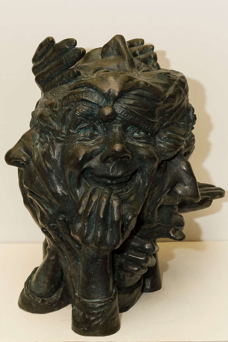 Unusual Patinated Bronze Figural Sculpture Depicting Various Facial ...