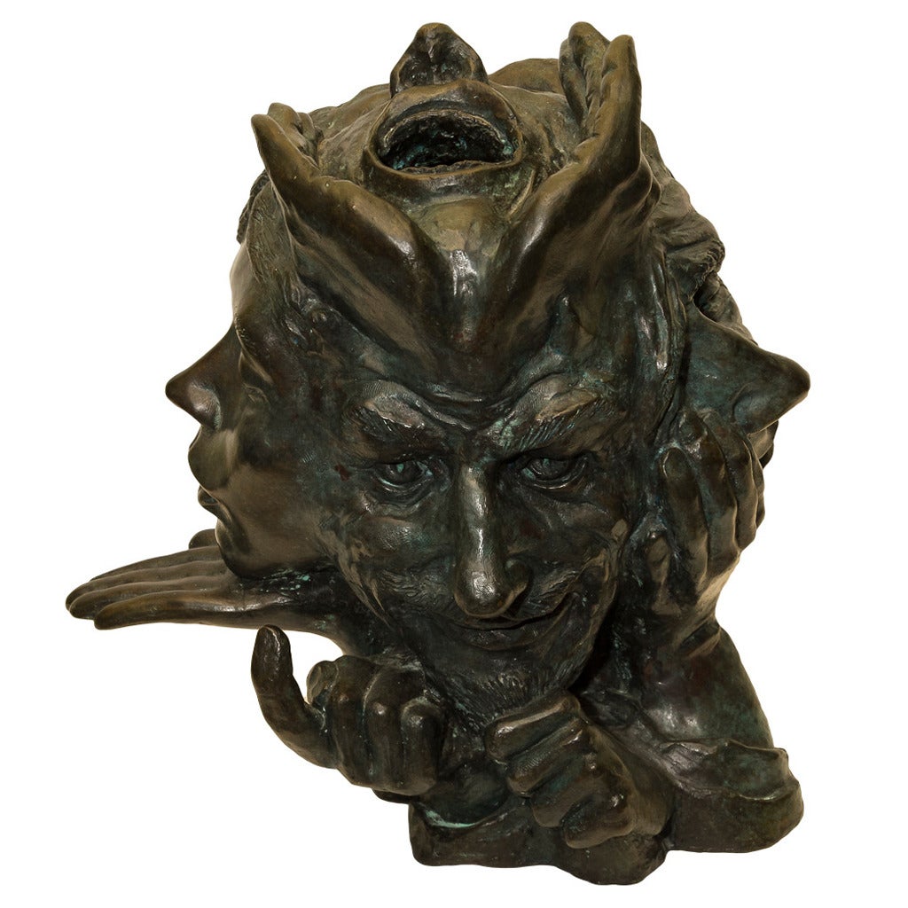 Unusual Patinated Bronze Figural Sculpture Depicting Various Facial ...