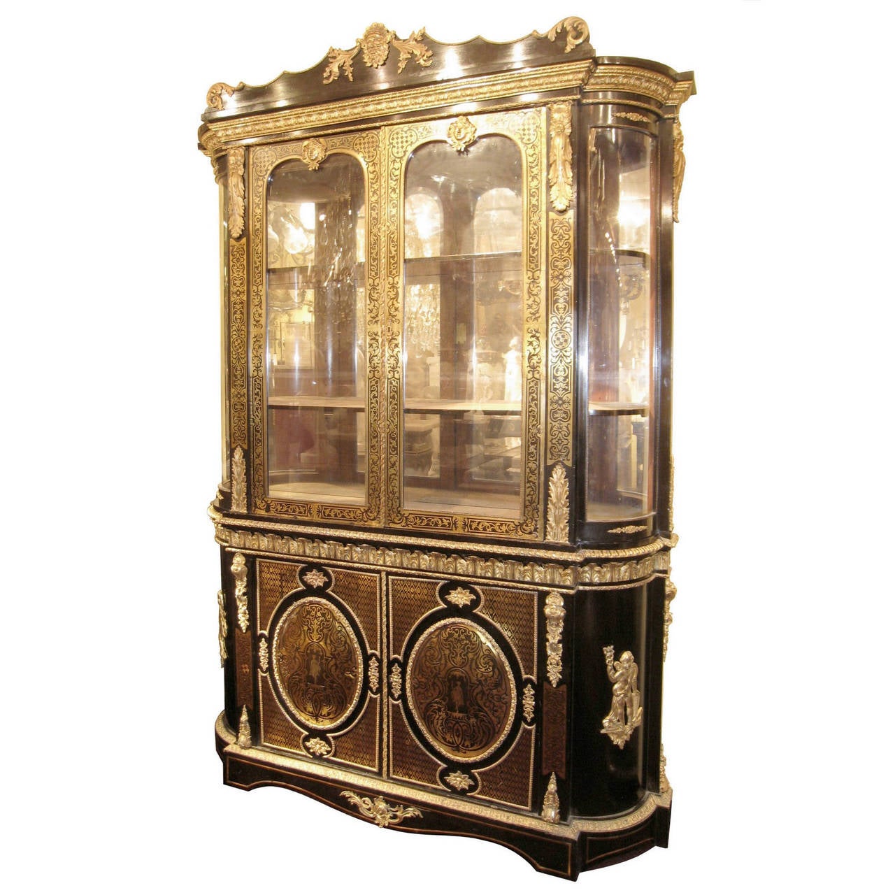 Tall Bronze Mounted Brass Inlaid Louis XIV Style Vitrine Cabinet at 1stDibs