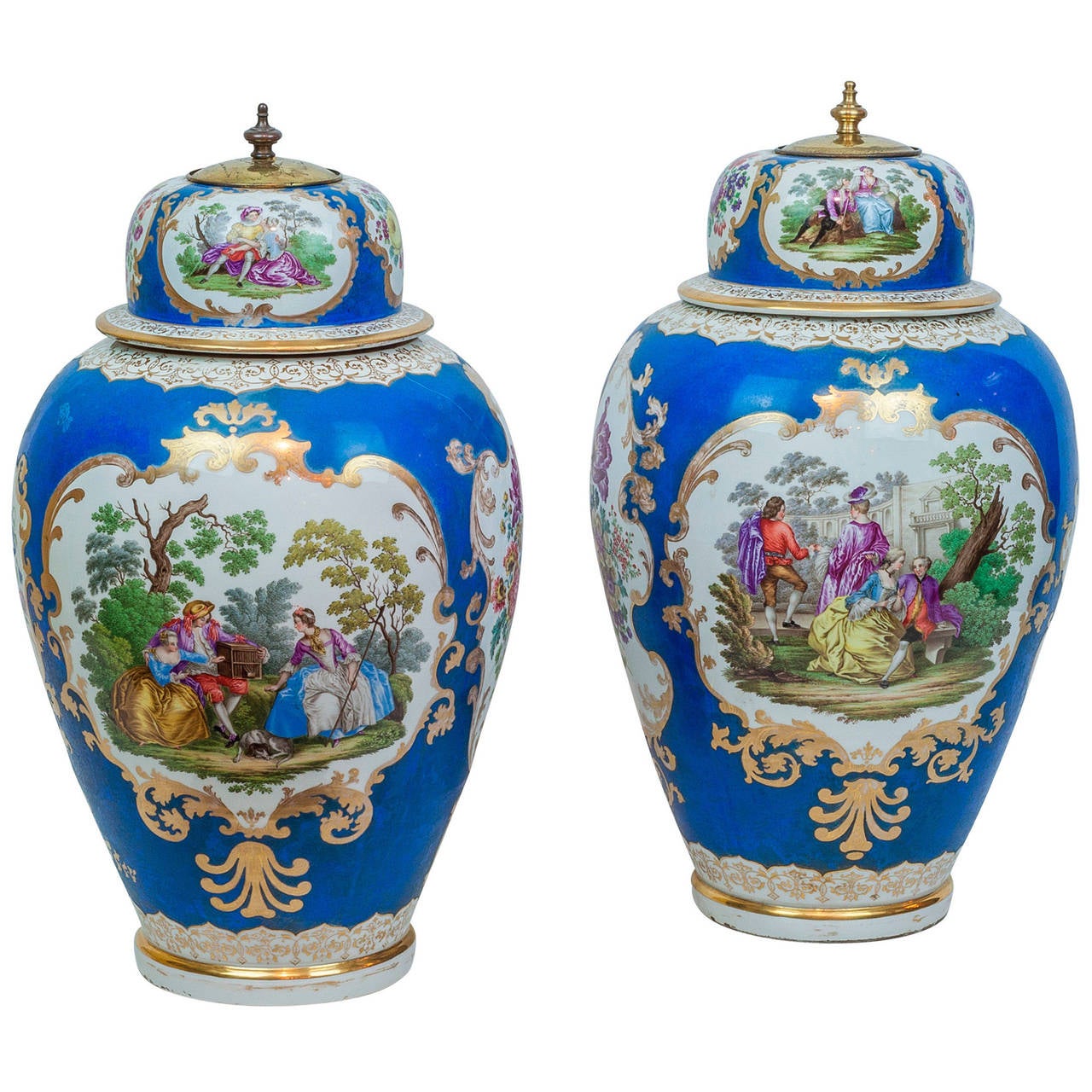Pair of Meissen Style Blue Porcelain Covered Jars with Painted Scenes ...