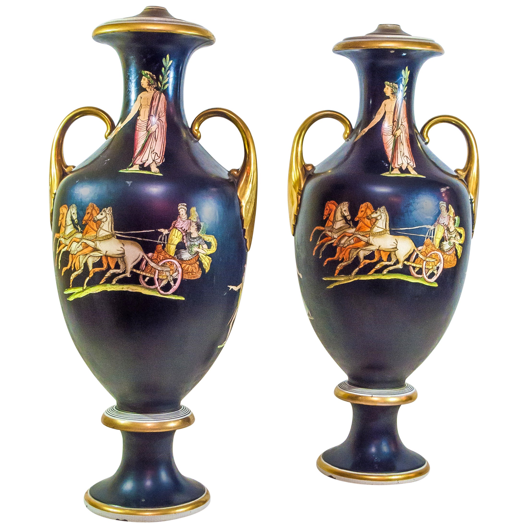 Pair of Neoclassical Porcelain Vases with Painted Chariot and Classical ...