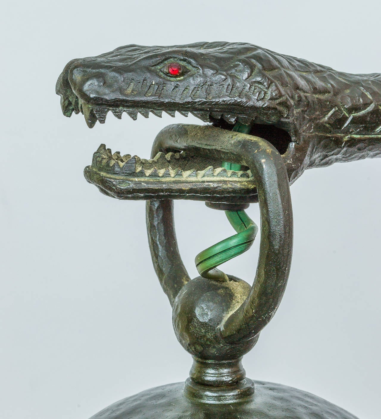 Tiffany Style Patinated Metal Lamp with Snake Form Base and Amber Glass ...