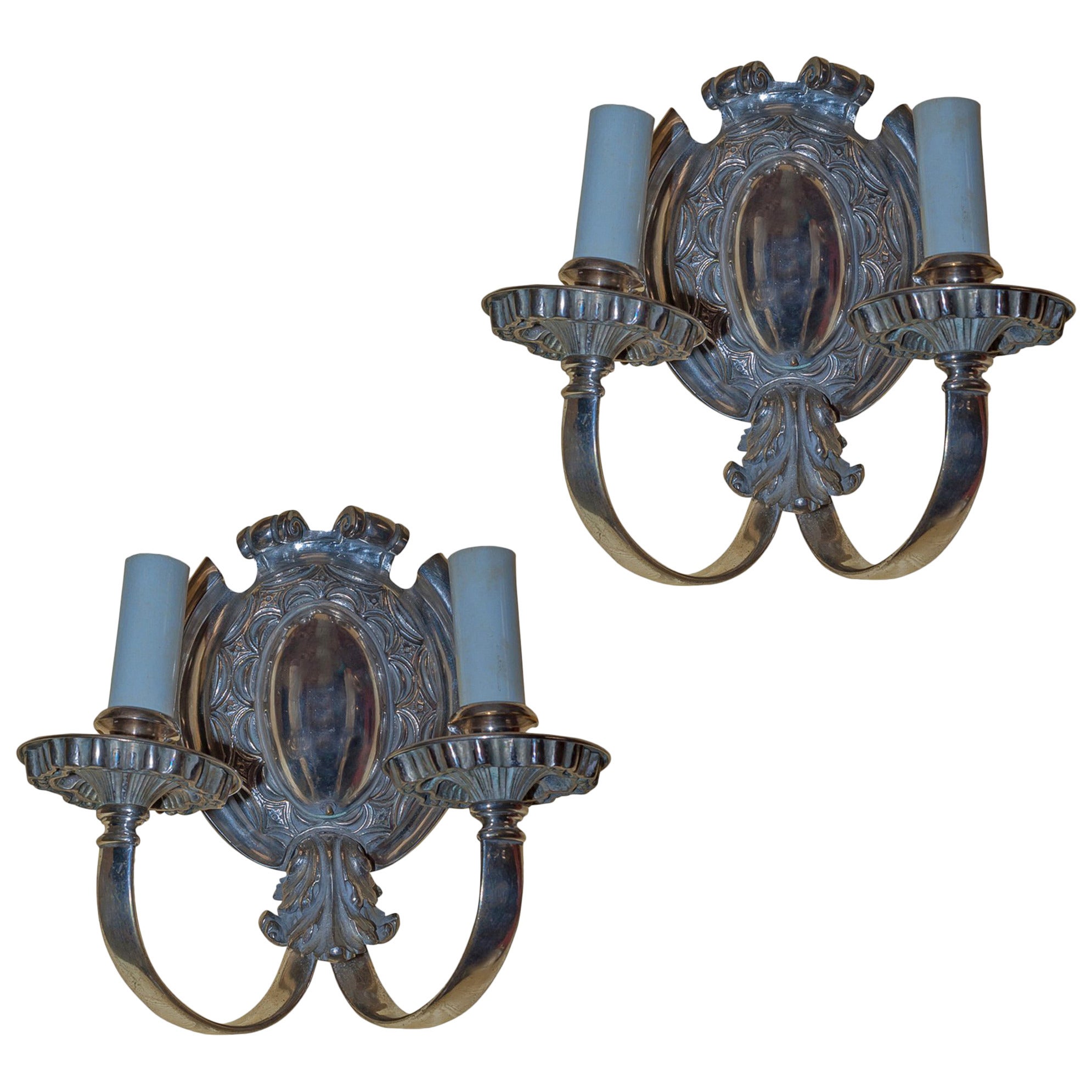 1880 Pair of Dutch Sconces, Repousse Brass Two-Light Wall Blaker at ...