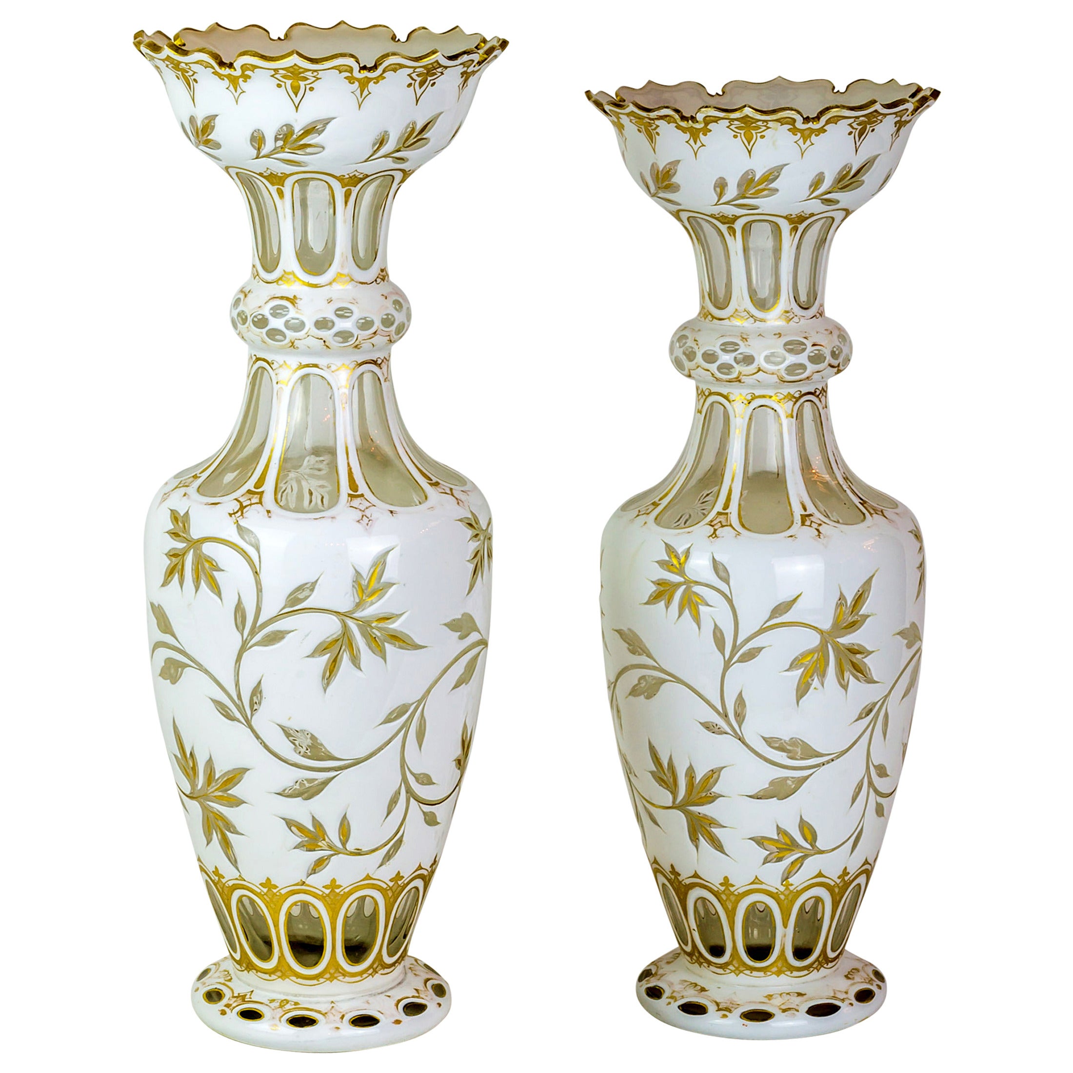 Pair of Bohemian White Tall Overlay Crystal Glass Vases at 1stDibs ...