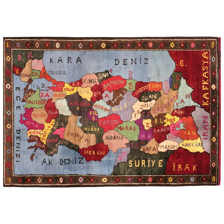 Vintage Turkish Map Rug For Sale at 1stDibs