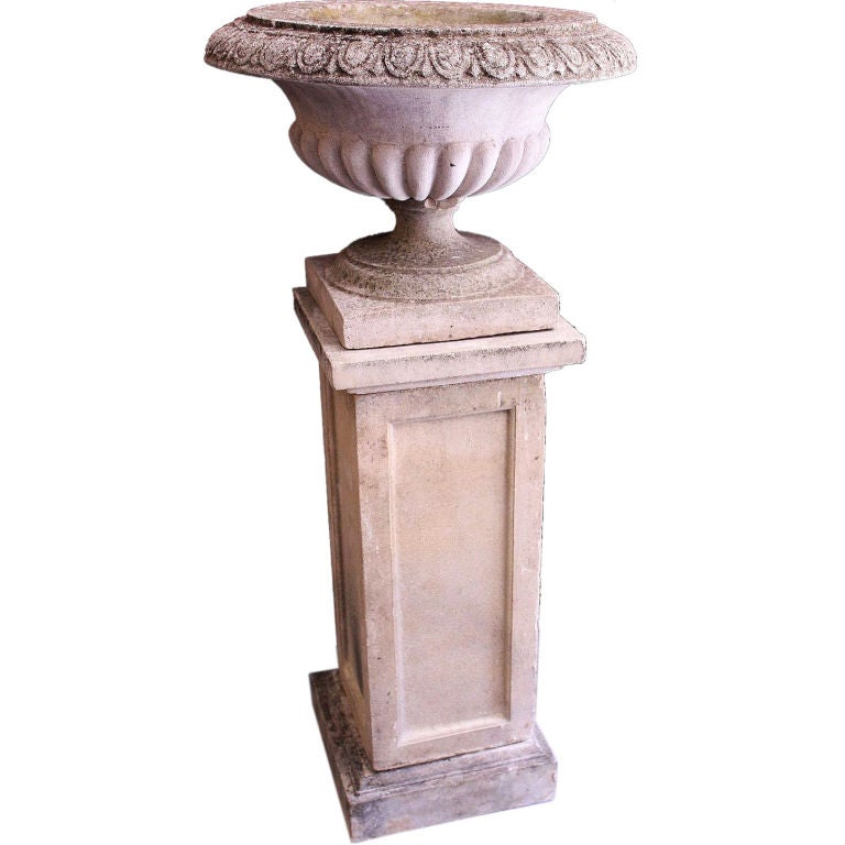 English Garden Urns on Column Pedestal Plinths (Pair Available) at 1stDibs