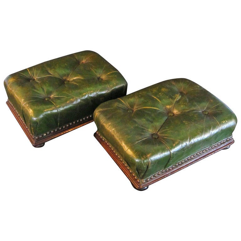 English Chesterfield Stools in Deep Green Tufted Leather at 1stDibs