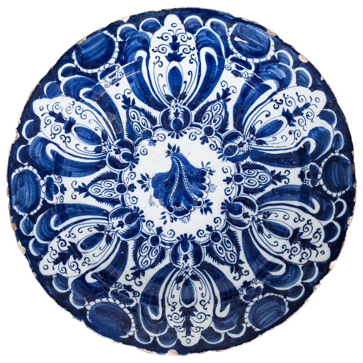 Large Blue and White Delft Plate, 1750 at 1stDibs