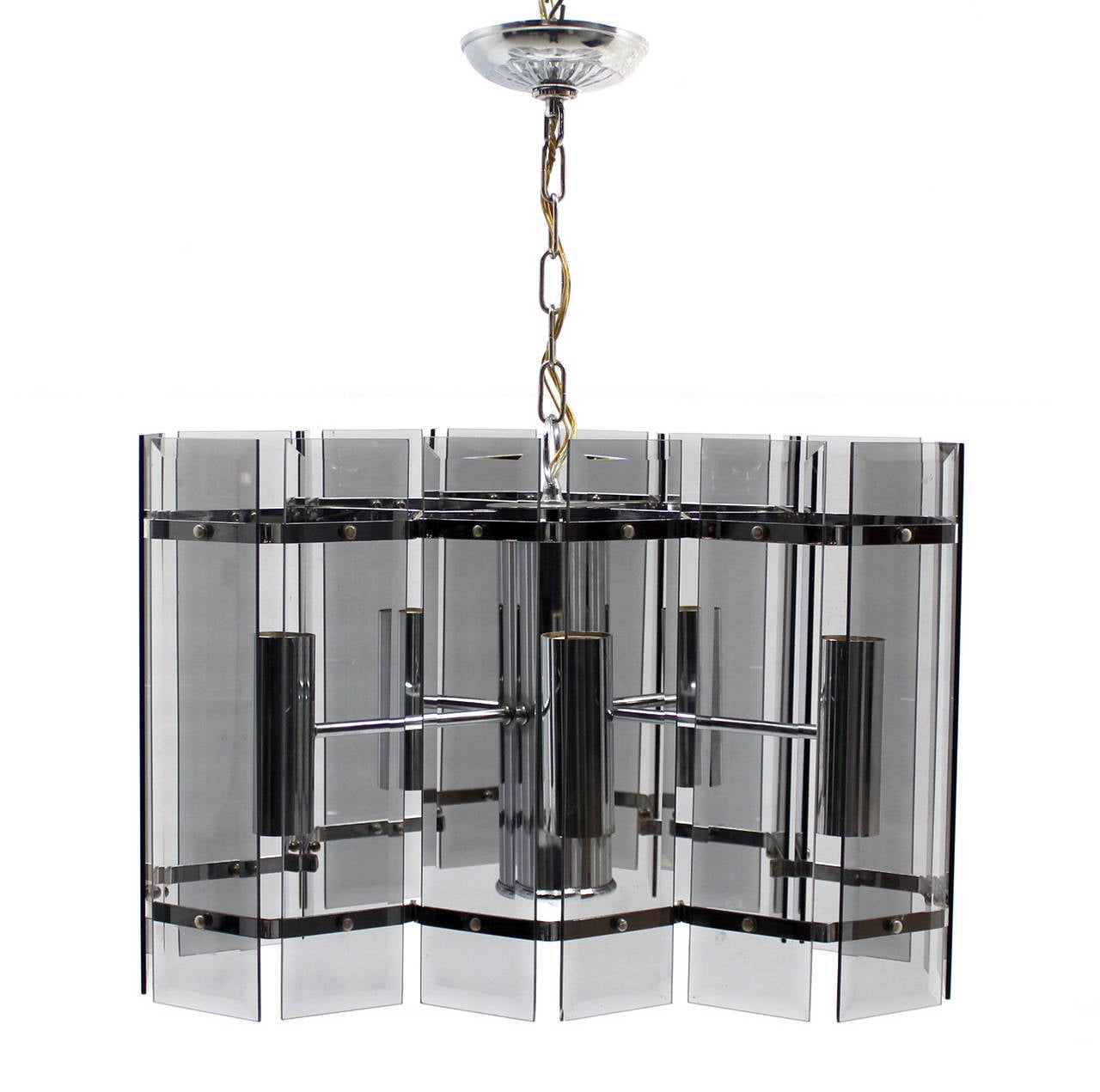 Mid-Century Modern Chrome and Smoked Glass Light Fixture Chandelier at ...