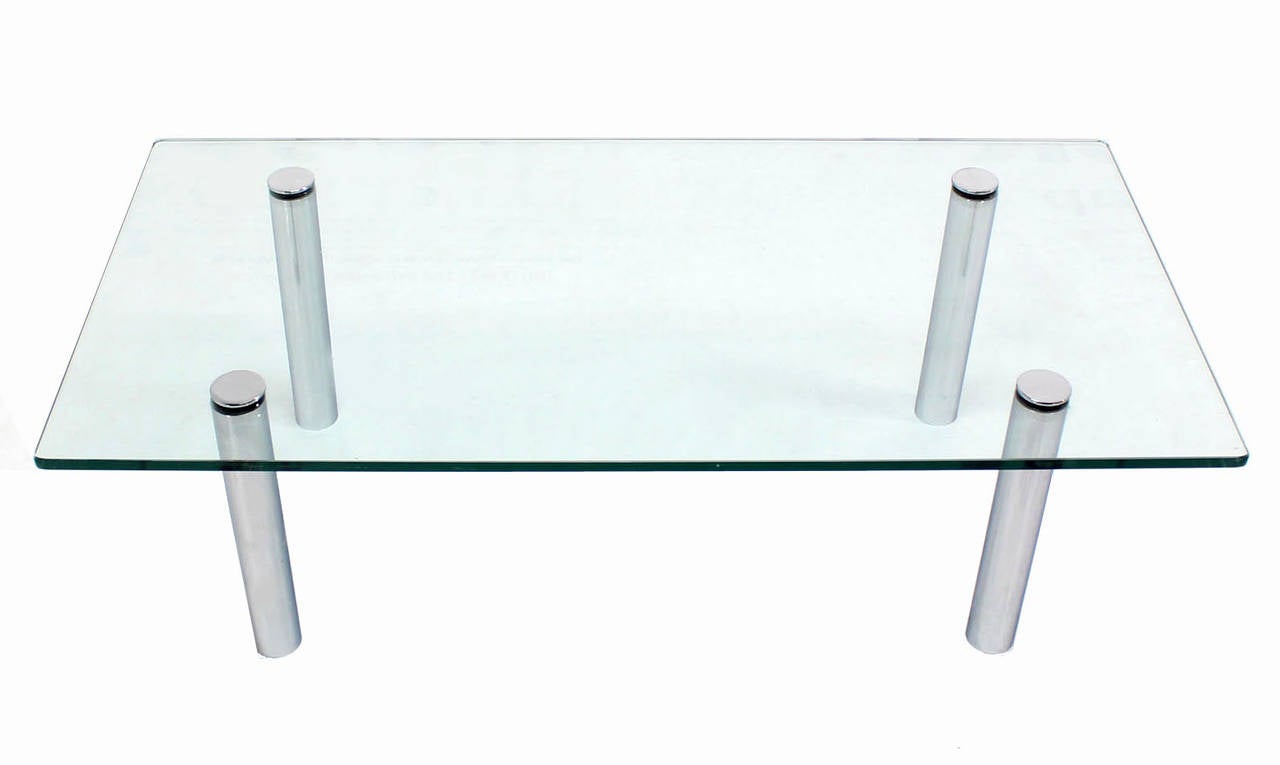 Mid Century Modern Chrome Cylinder Legs Glass Rectangular Coffee Table ...