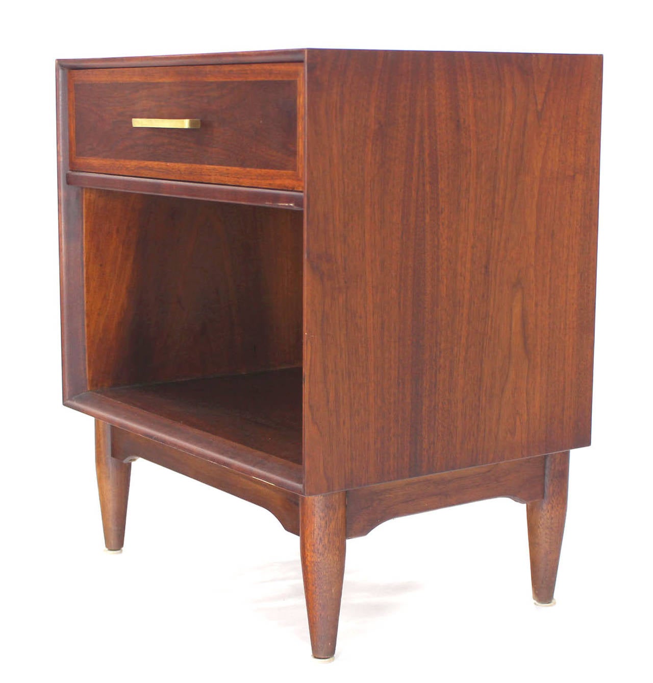 Pair of Mid-Century Modern Walnut End Tables with Brass Pulls at 1stDibs