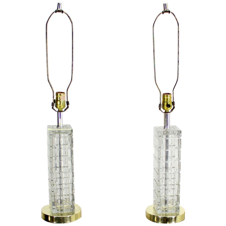 Pair of Mid-Century Modern Crystal, Square Base Table Lamps at 1stDibs