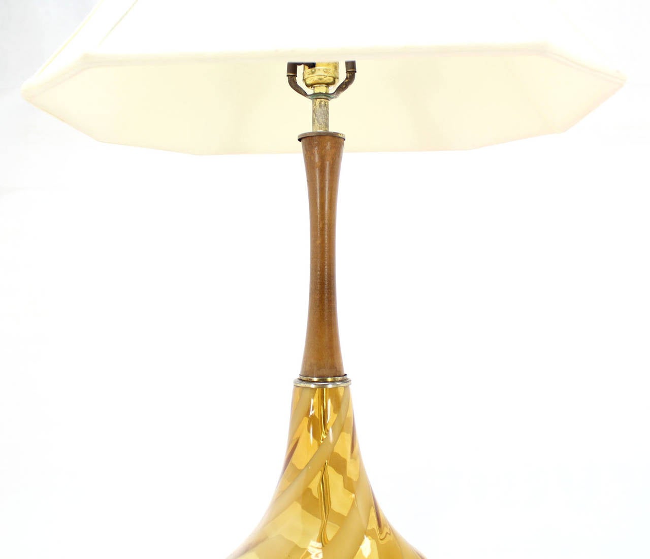 Pair of Mid-Century Modern Amber Glass Table Lamps with Silk Shades at ...
