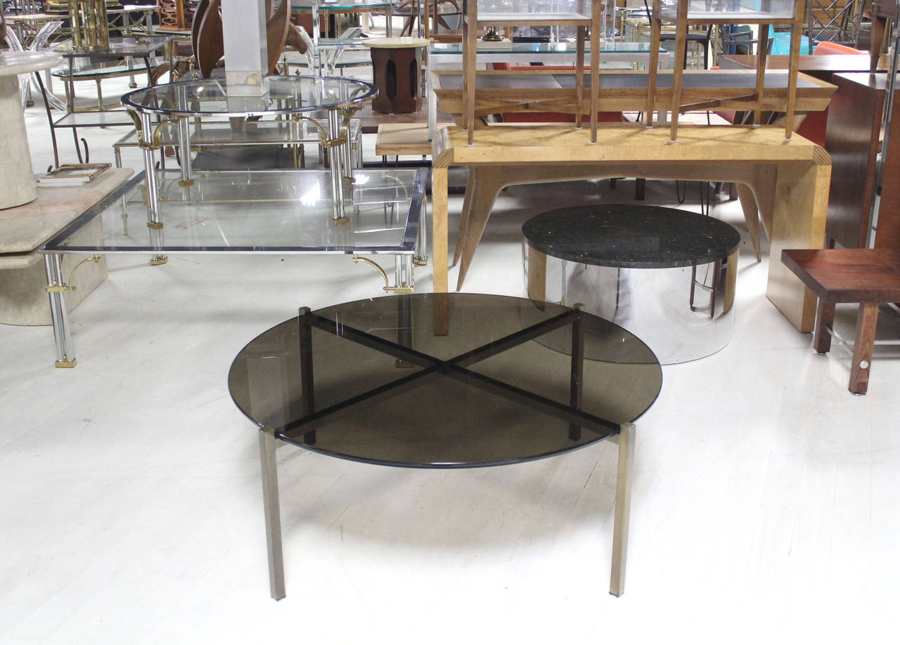 Smoked Glass and Bronze X-Base Round Coffee Table at 1stDibs