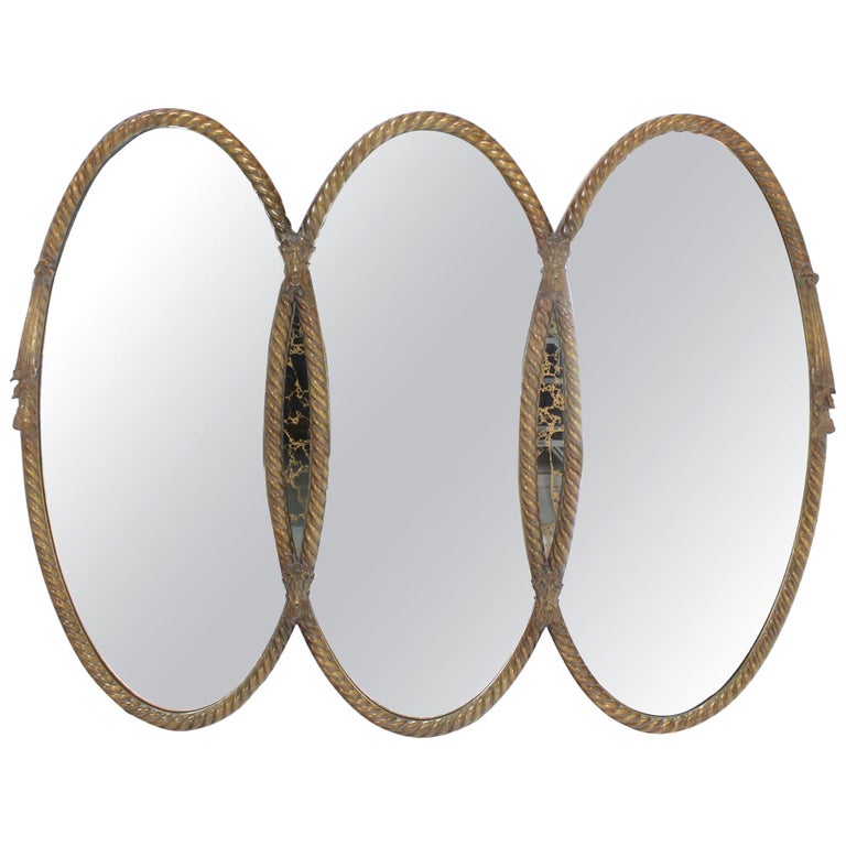 Mid-Century Modern Triple Oval Gold Mirror with Rope Edge Frame at ...