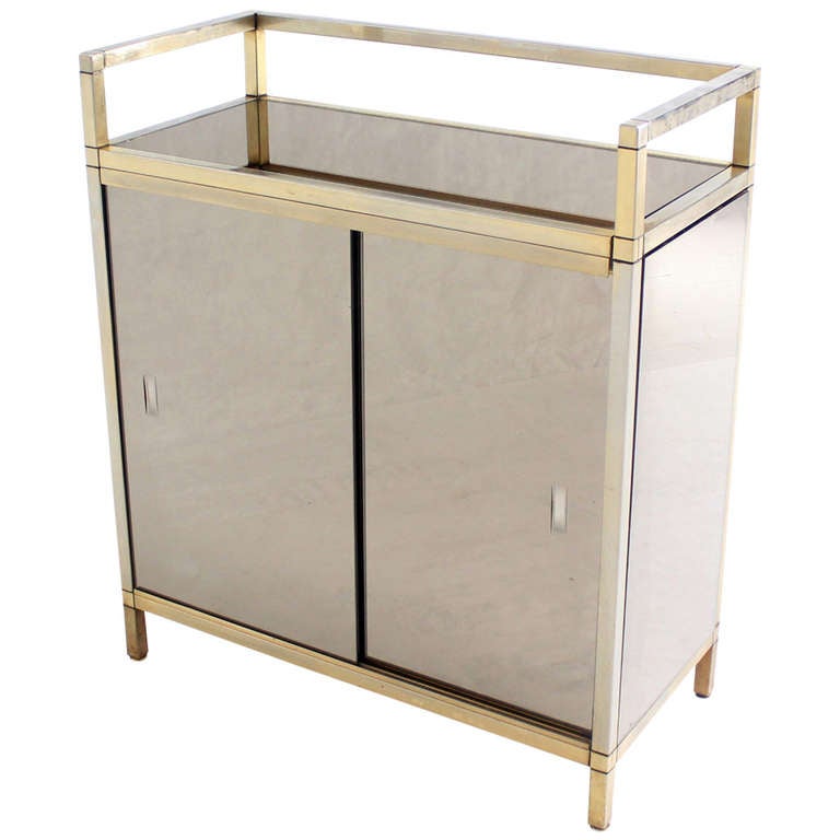 Midcentury Smoked Glass Server Cabinet with Sliding Doors at 1stDibs