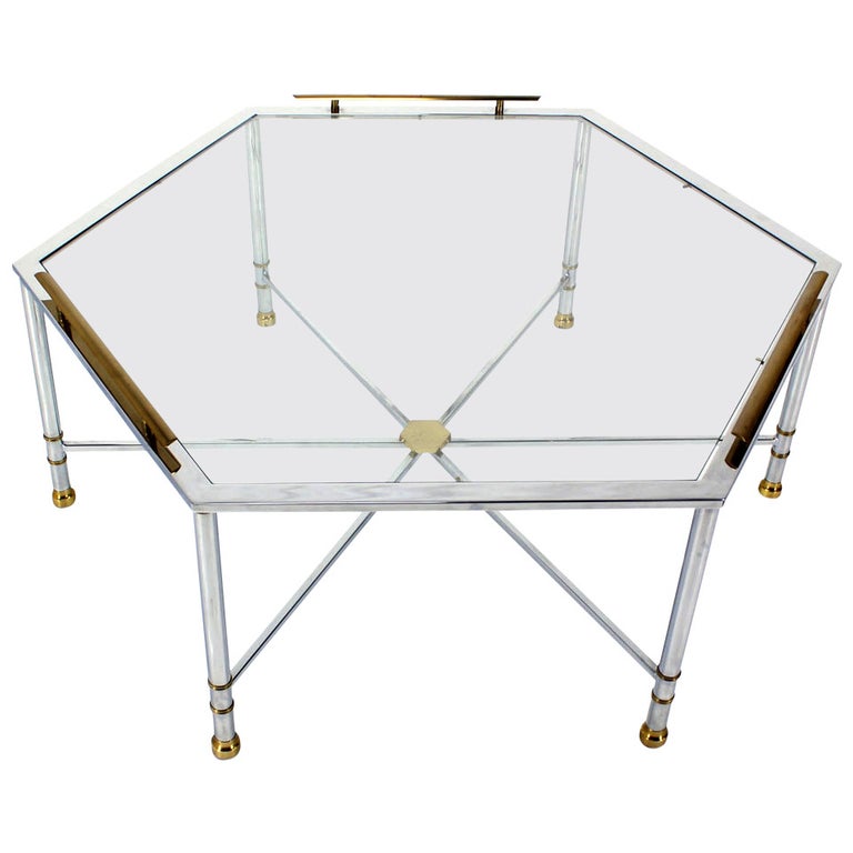 Chrome Brass Glass Hexagon Coffee Table Maison Jansen at 1stDibs