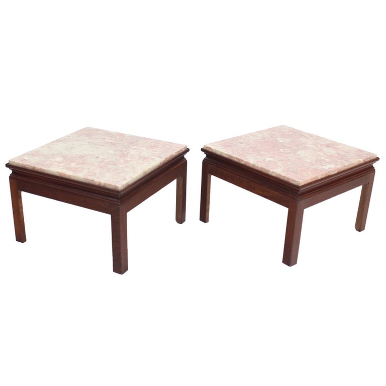 Mid-Century Modern Pair Low Profile Square Marble Top Side End Tables ...