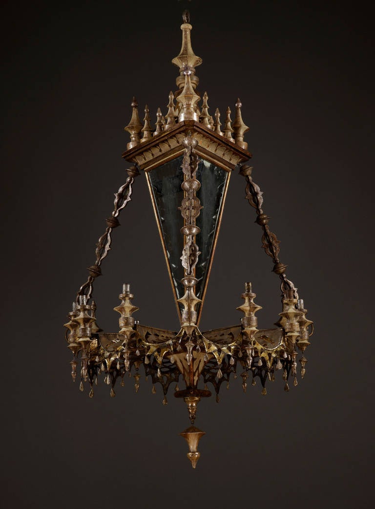 Neo-Gothic Tôle, Giltwood, and Silver Gilt, Twelve Light Chandelier For ...