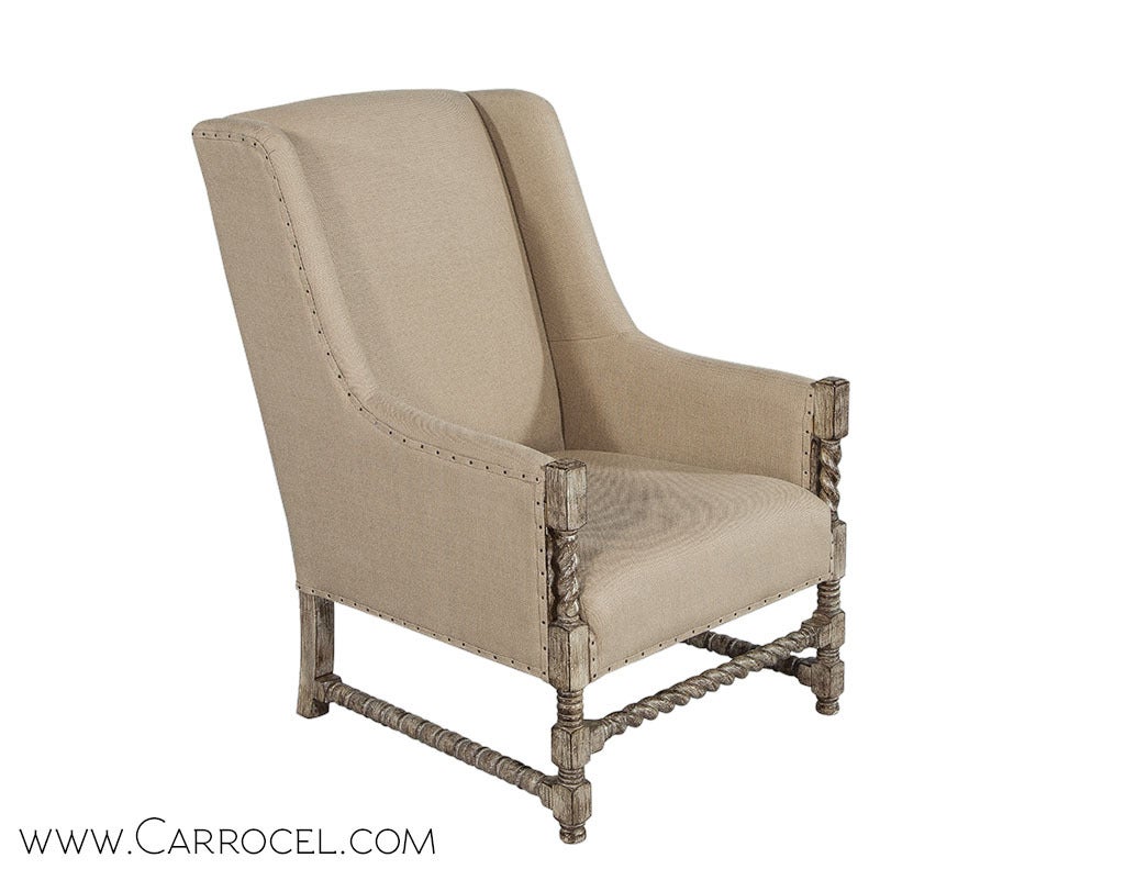 Pair of Linen Wing Back Lounge Chairs For Sale at 1stDibs