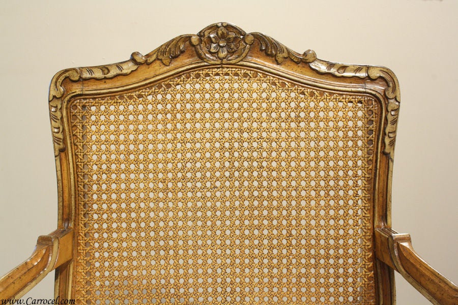 Antique French Walnut Carved Cane Back Arm Chairs at 1stDibs