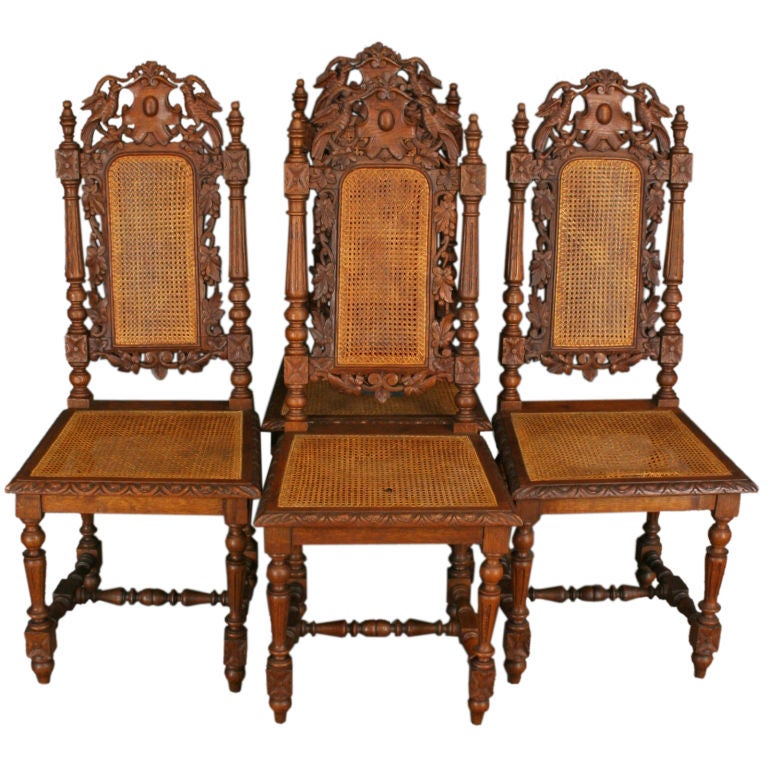 Set 4 Antique French Hunting Dining Chairs Carved Birds at 1stDibs